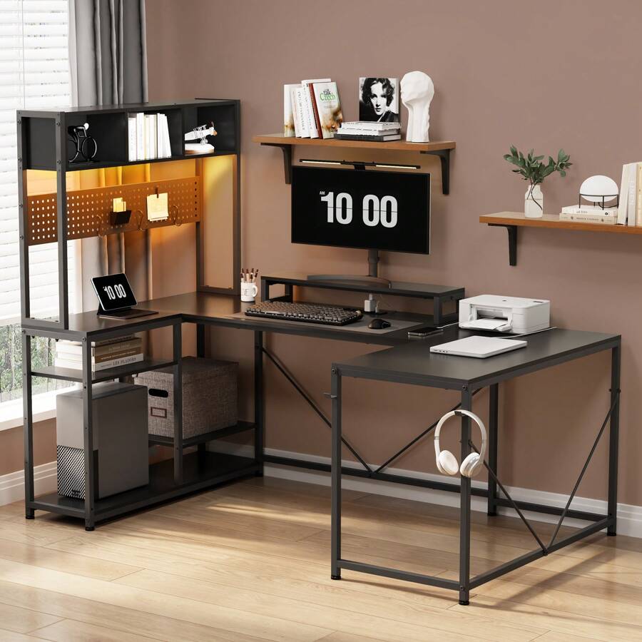 L Shaped Desk With Power Outlet And LED Lights, 60'' Tall Corner ...