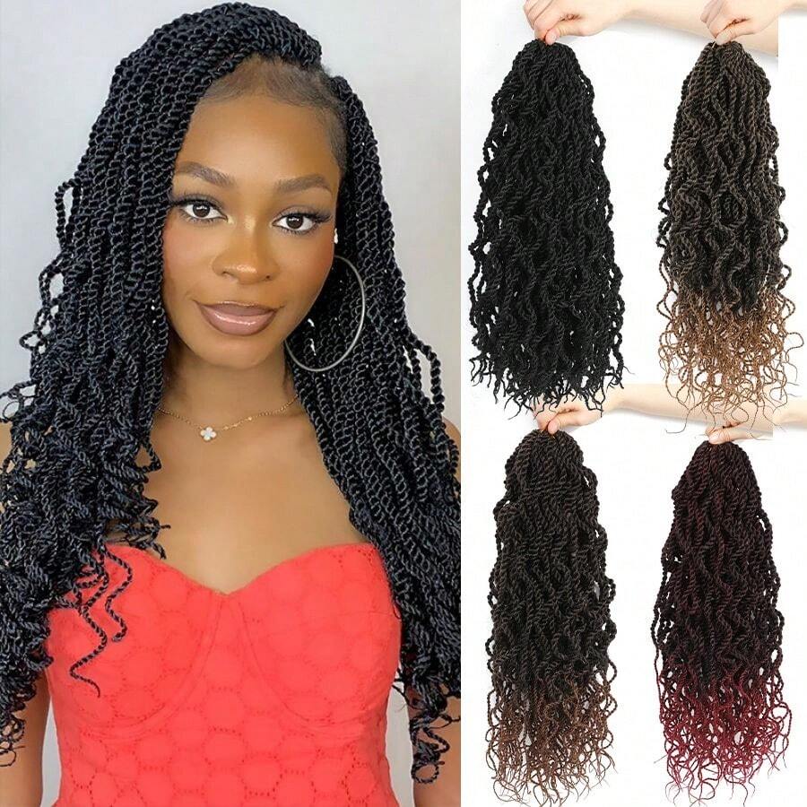 Wavy Senegalese Twist Crochet Hair With Curly Ends 18inch Black Short