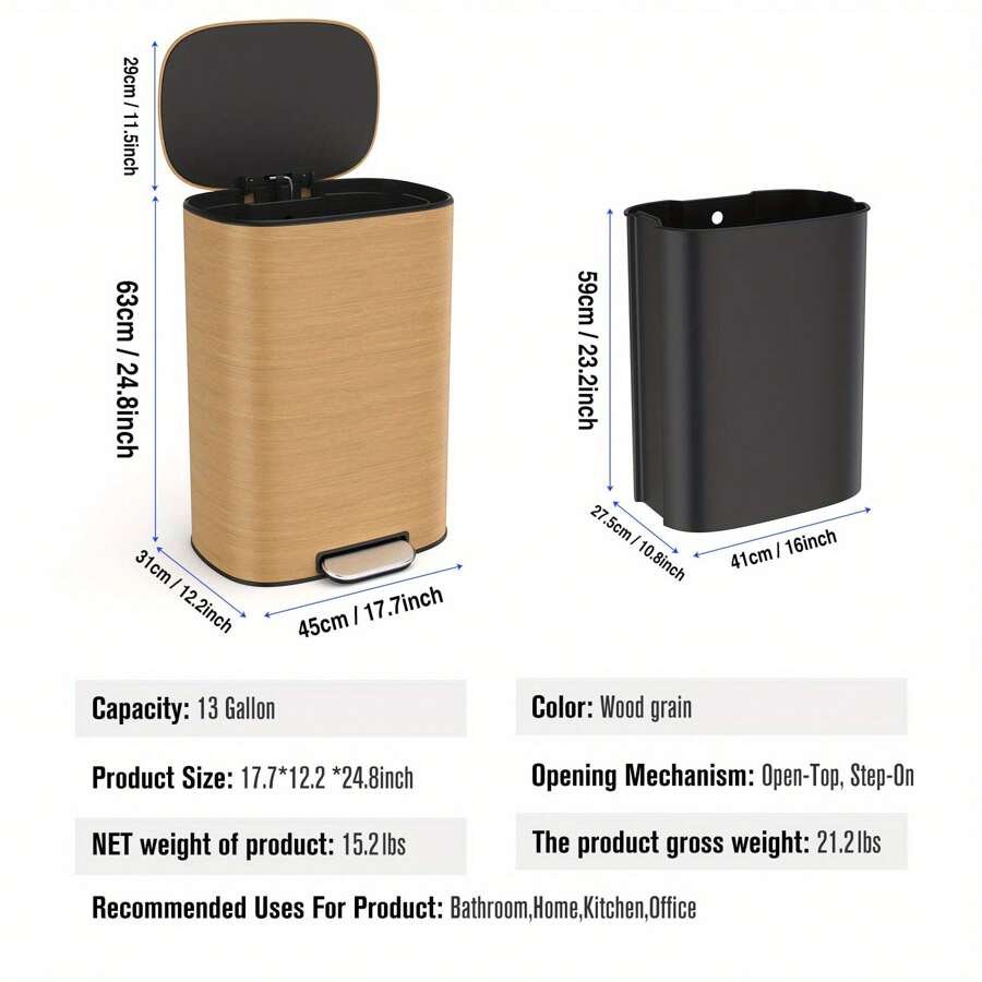 50 Liter / 13 Gallon Kitchen Trash Can, Stainless Steel With Lid, Foot ...