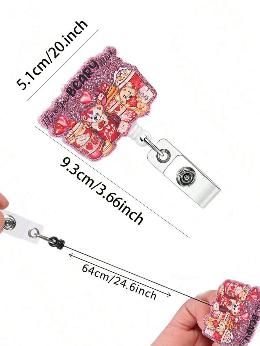 1 Pink Love Teddy Bear Cute Badge Scroll With Retractable ID Card ...