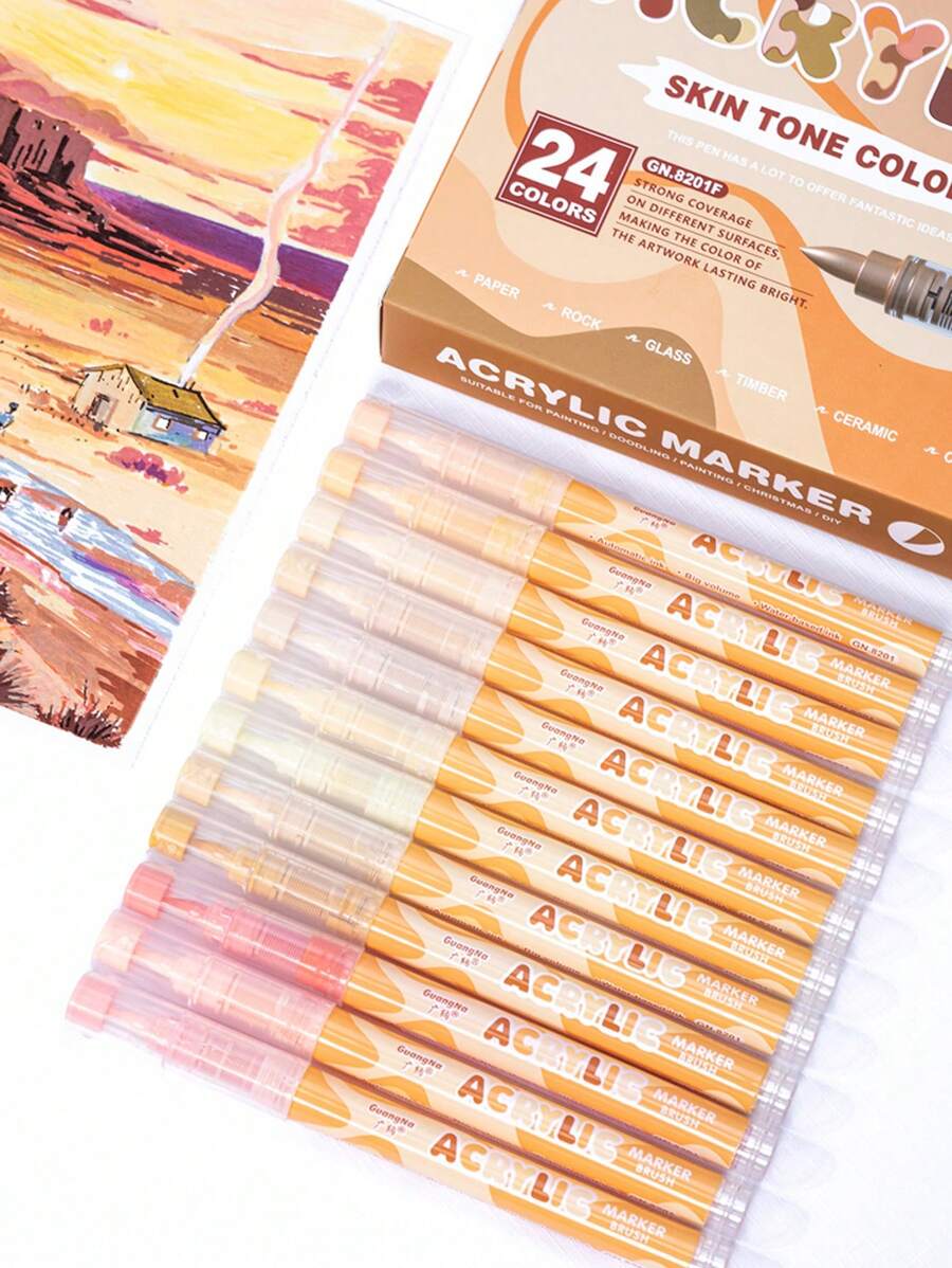 Guang Na 24 Colors Soft Brush Acrylic Marker Pen Set, Skin Tone, Used ...