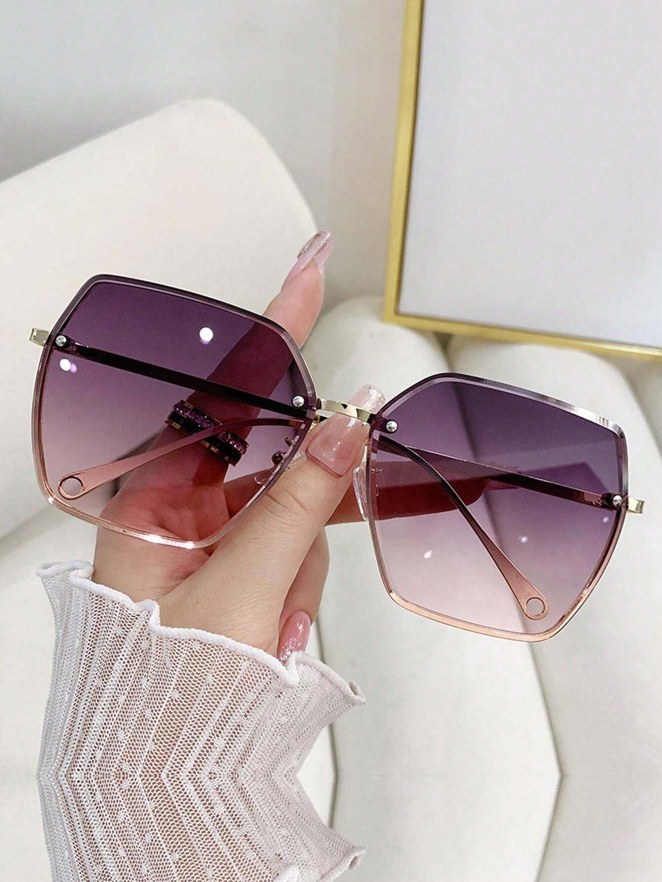 New Large Frame Sun Glasses Rimless Metal Frame Gradient Sunglasses ...