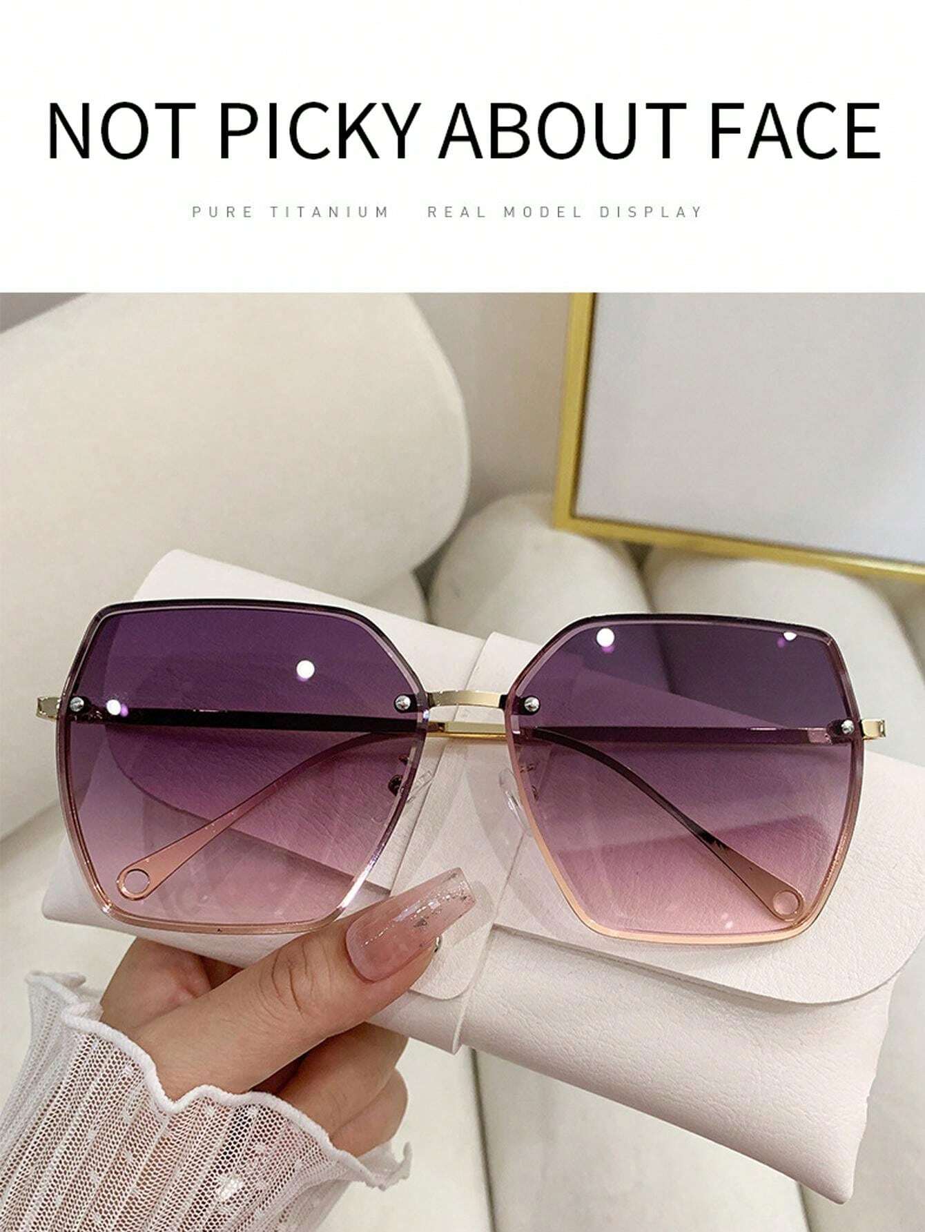 New Large Frame Sun Glasses Rimless Metal Frame Gradient Sunglasses ...