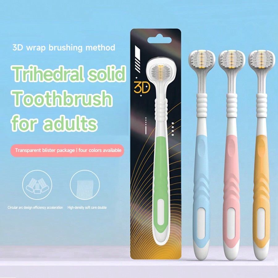 4 Three-Sided Toothbrushes, High-Density Package 4 Colors With Tongue ...