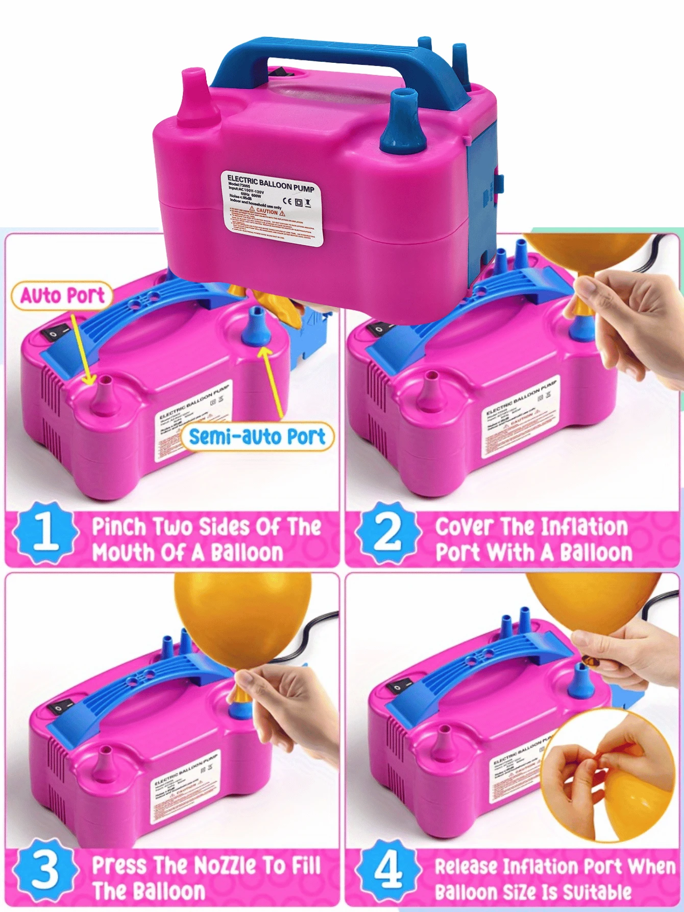 1 pieza inflador de globos eléctrico portátil de doble boquilla con ...