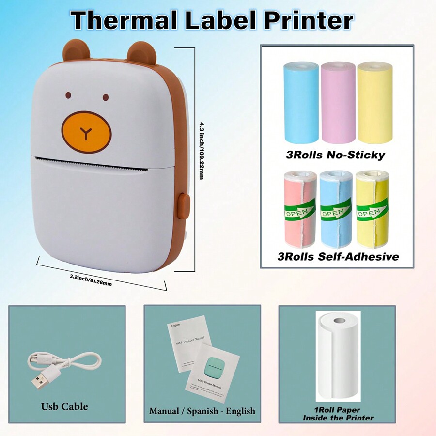 Inkless Sticker Thermal Printer With 6Rolls Color Paper And 1Rolls ...