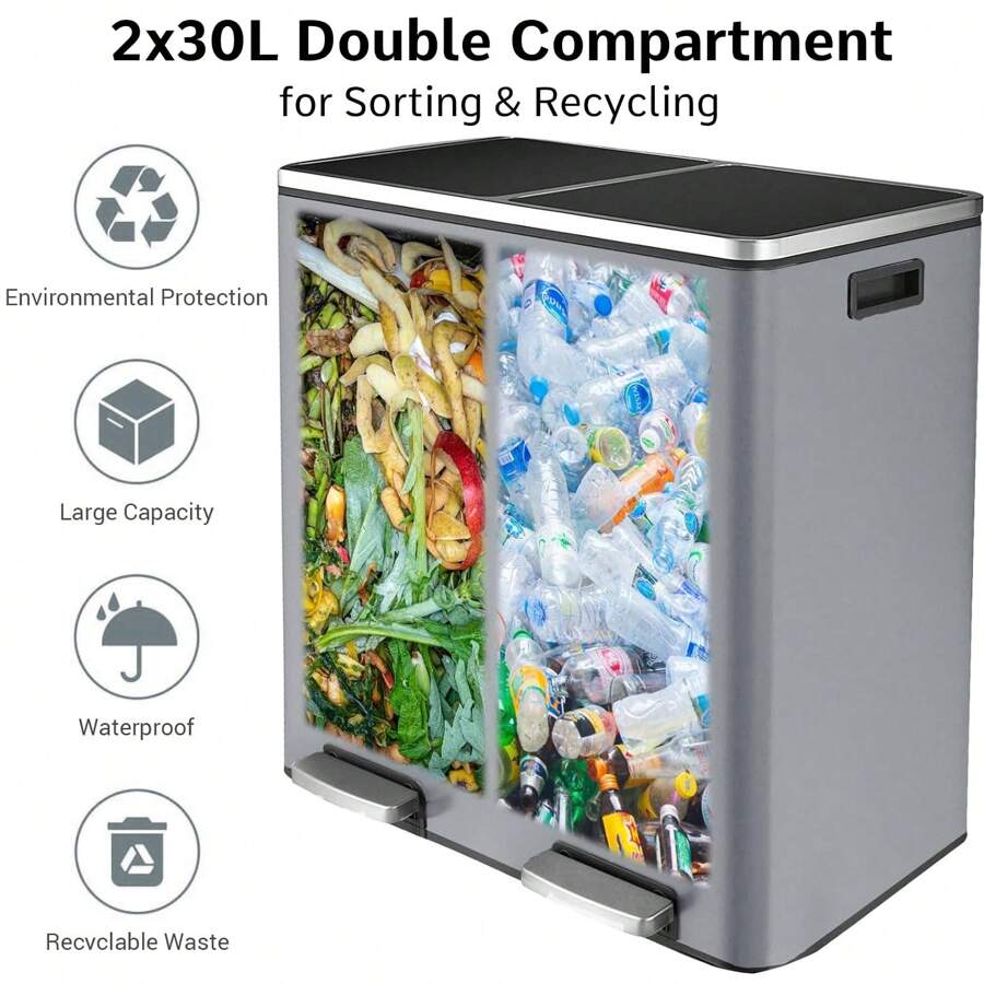 2 X 30L Kitchen Rubbish Bin, With 2 Compartments, Soft-Closing Metal ...