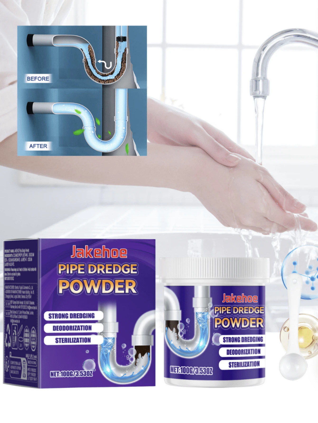 JAKEHOE Drainage Dredging Powder, Household Kitchen And Bathroom Drain Anti-Blocking Cleaning ...