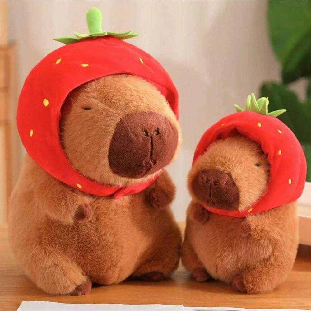 Cute Capybara Plush Wear Strawberry Hat Kawaii Capibara Stuffed Aniamls ...