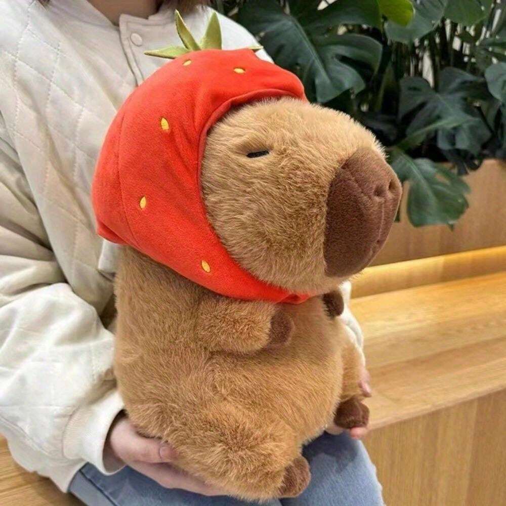 Cute Capybara Plush Wear Strawberry Hat Kawaii Capibara Stuffed Aniamls ...