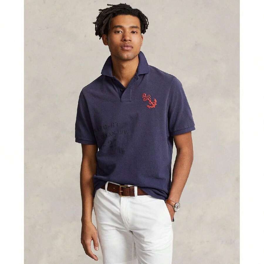 Polo Ralph Lauren Camiseta polo de hombre ajuste clásico azul marino, malla con gráfico, cuello ...
