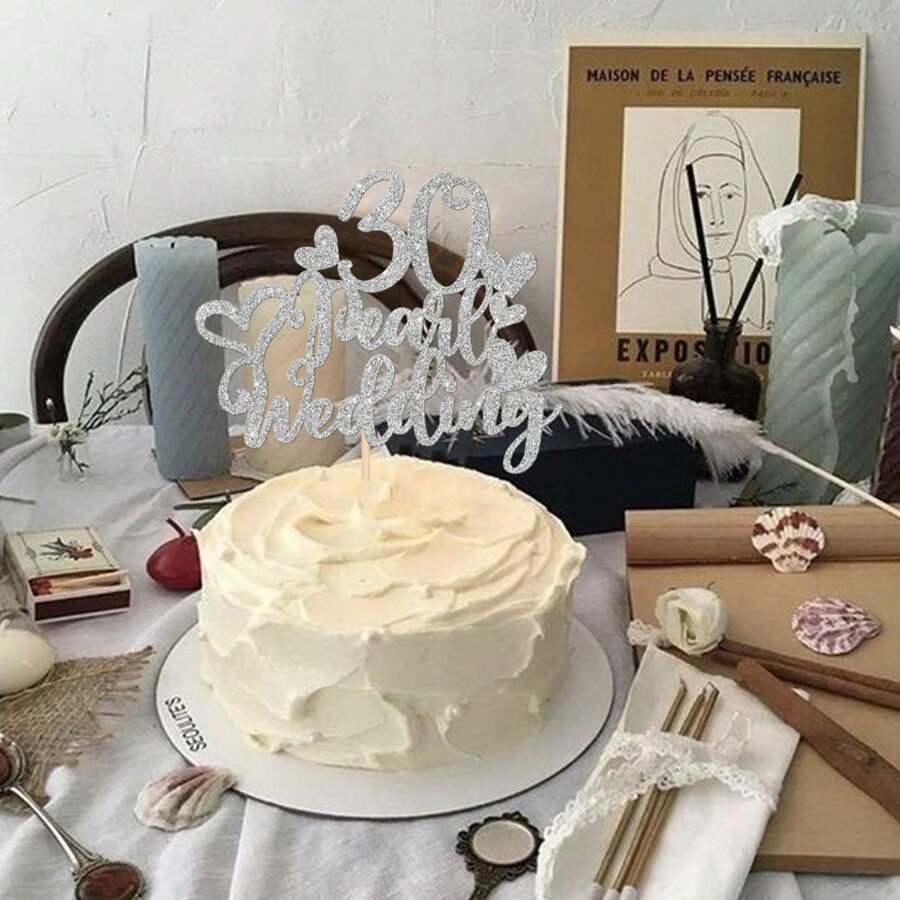 1 Pc 30th Wedding Cake Topper With Heart Silver Glitter 30 Pearl ...