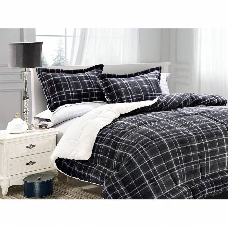 Elegant Comfort 3-Piece Plaid Micro-Suede Reversible Sherpa - Comforter ...