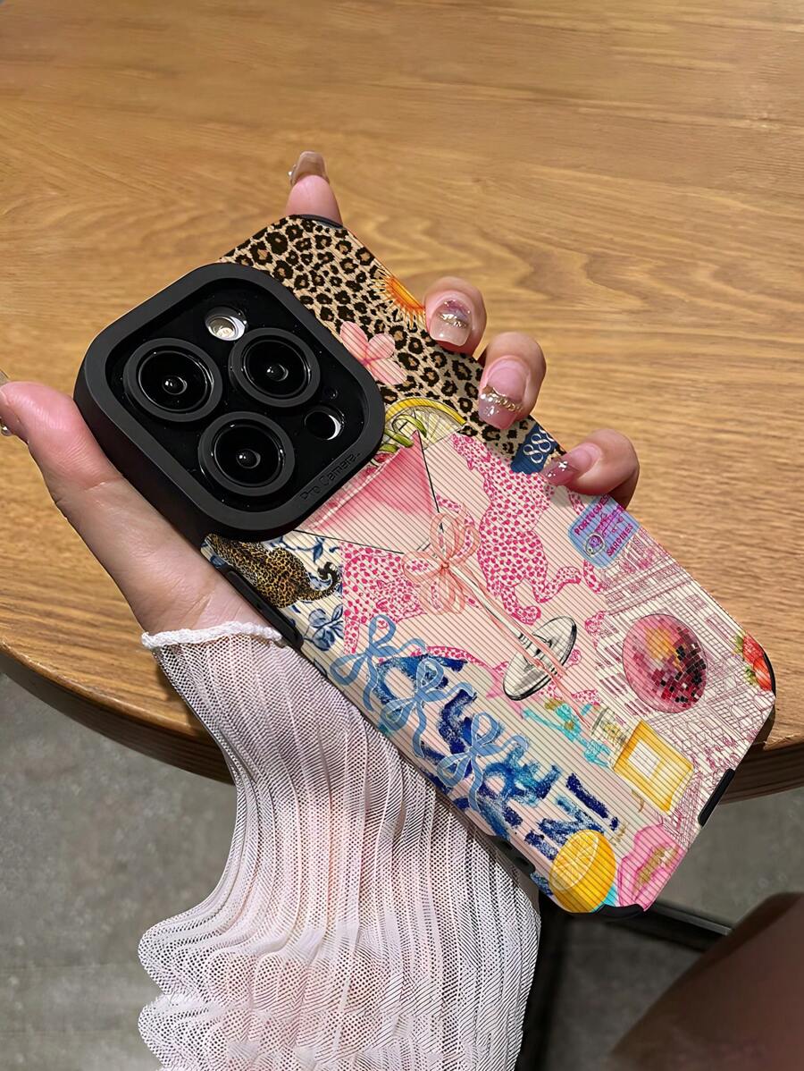 1pc Stylish Leopard Print & Splicing Pattern Faux Leather Soft 3D Shockproof Phone Case ...