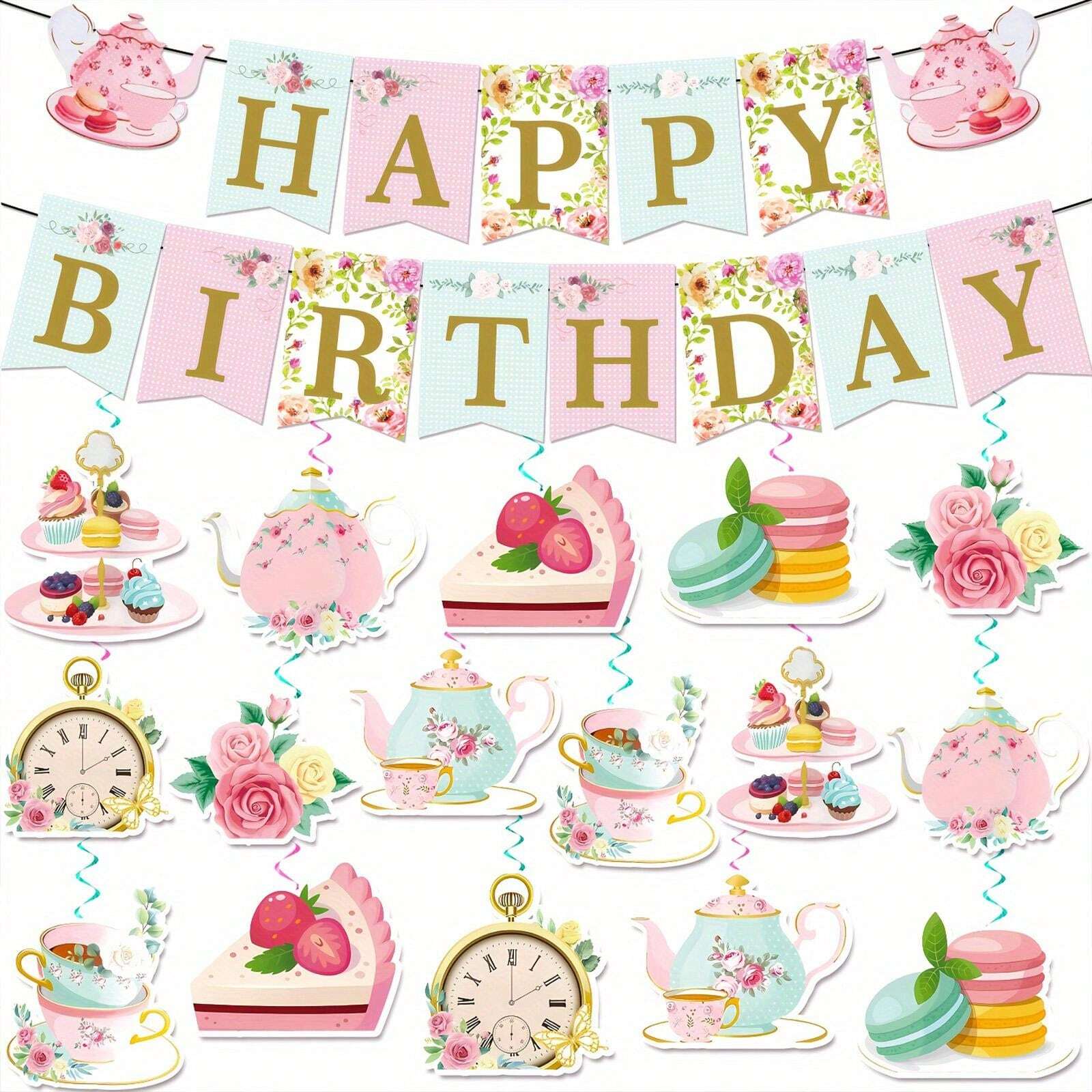 47-Piece Floral Themed Celebration Kit - Includes Banner, Spiral Charms ...