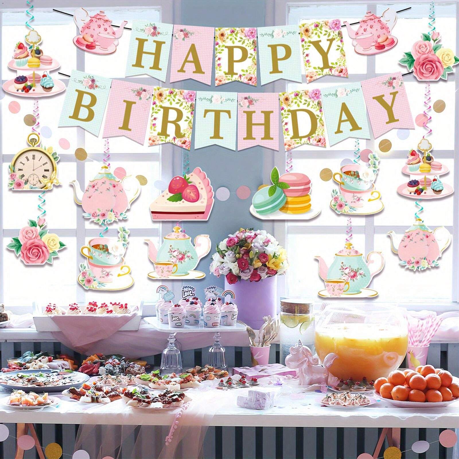 47-Piece Floral Themed Celebration Kit - Includes Banner, Spiral Charms ...