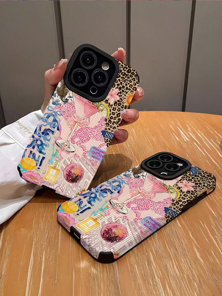 1pc Stylish Leopard Print & Splicing Pattern Faux Leather Soft 3D Shockproof Phone Case ...