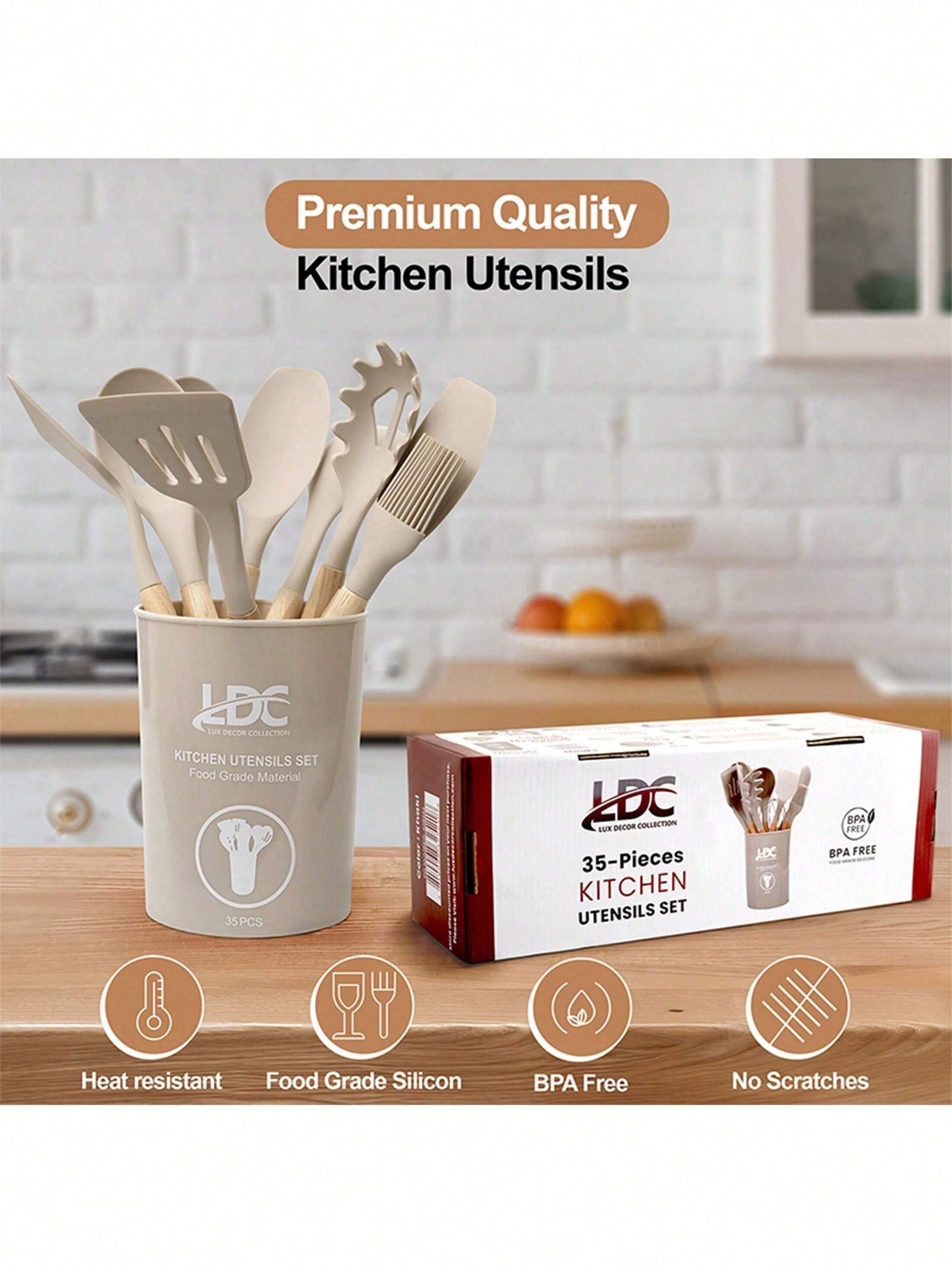 24pcs Non-Stick Silicone Cooking Utensils Set With Holder, Wood Handle ...