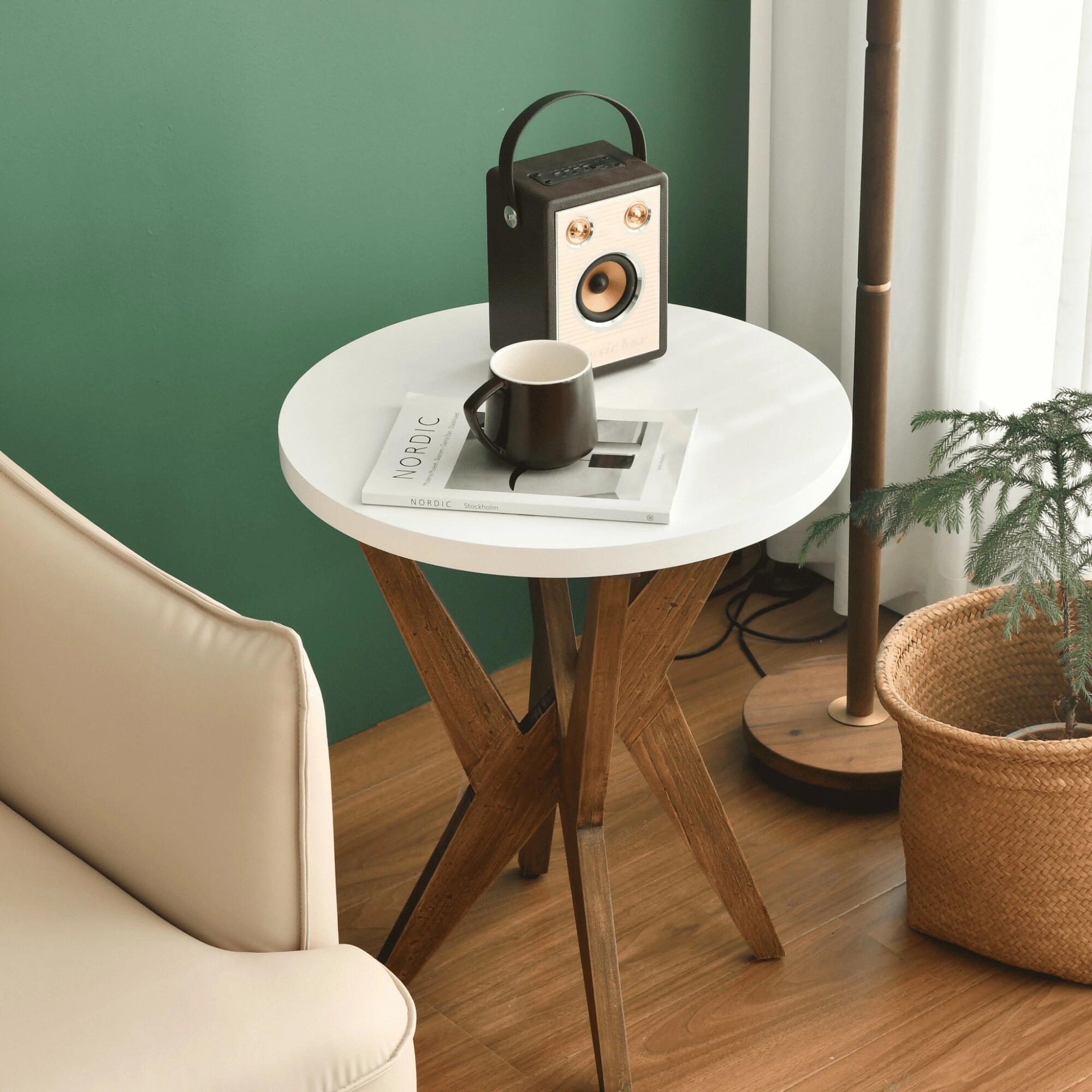 Round End Table With Solid Wood Crossed Legs And Smooth White Top For ...