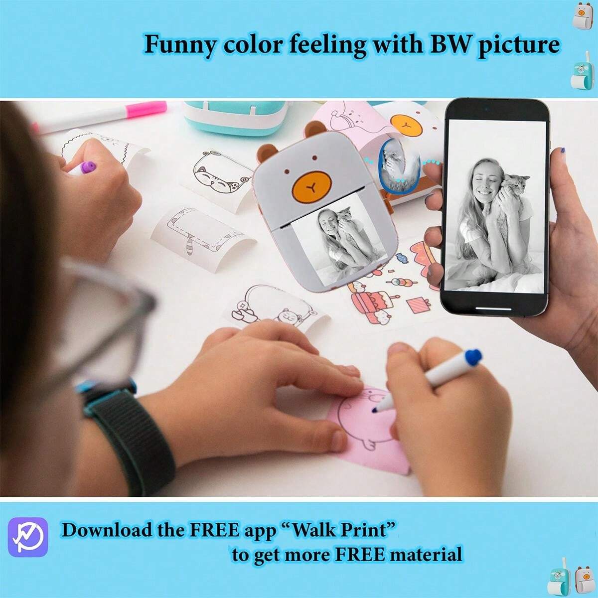 Inkless Sticker Thermal Printer With 6Rolls Color Paper And 1Rolls ...