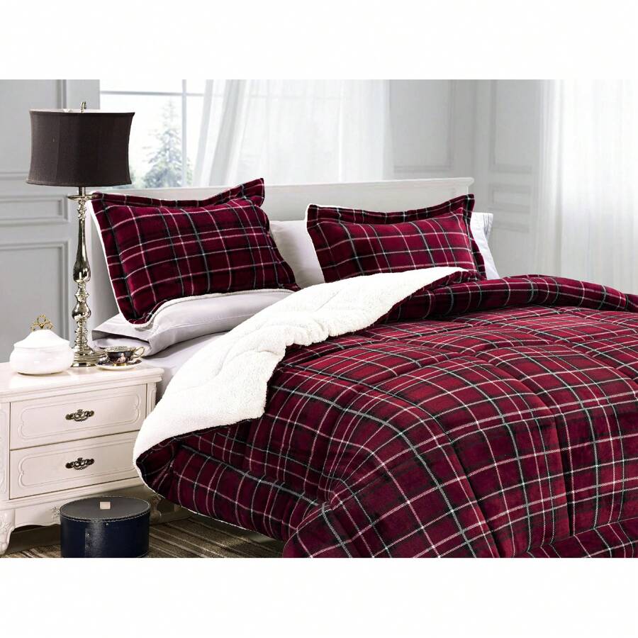 Elegant Comfort 3-Piece Plaid Micro-Suede Reversible Sherpa - Comforter ...