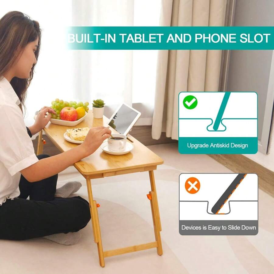 Laptop Desk For Bed, Bamboo Lap Desk With Tablet Slot Adjustable Height ...
