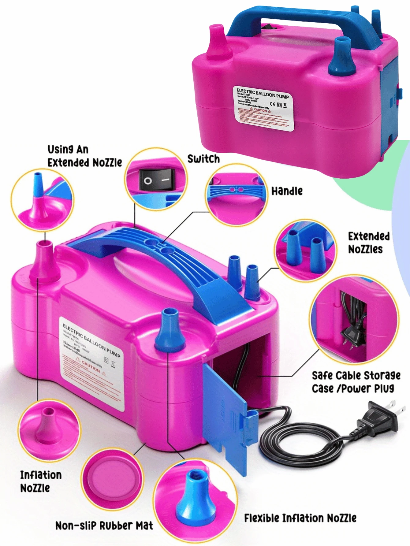 1 pieza inflador de globos eléctrico portátil de doble boquilla con ...