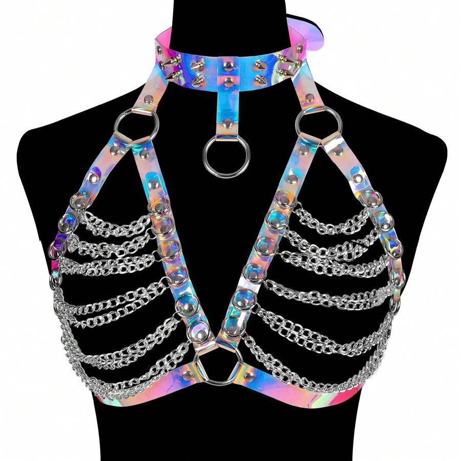 Punk Layered Chest Chains Silver Leather Body Chains Rave Party Body ...