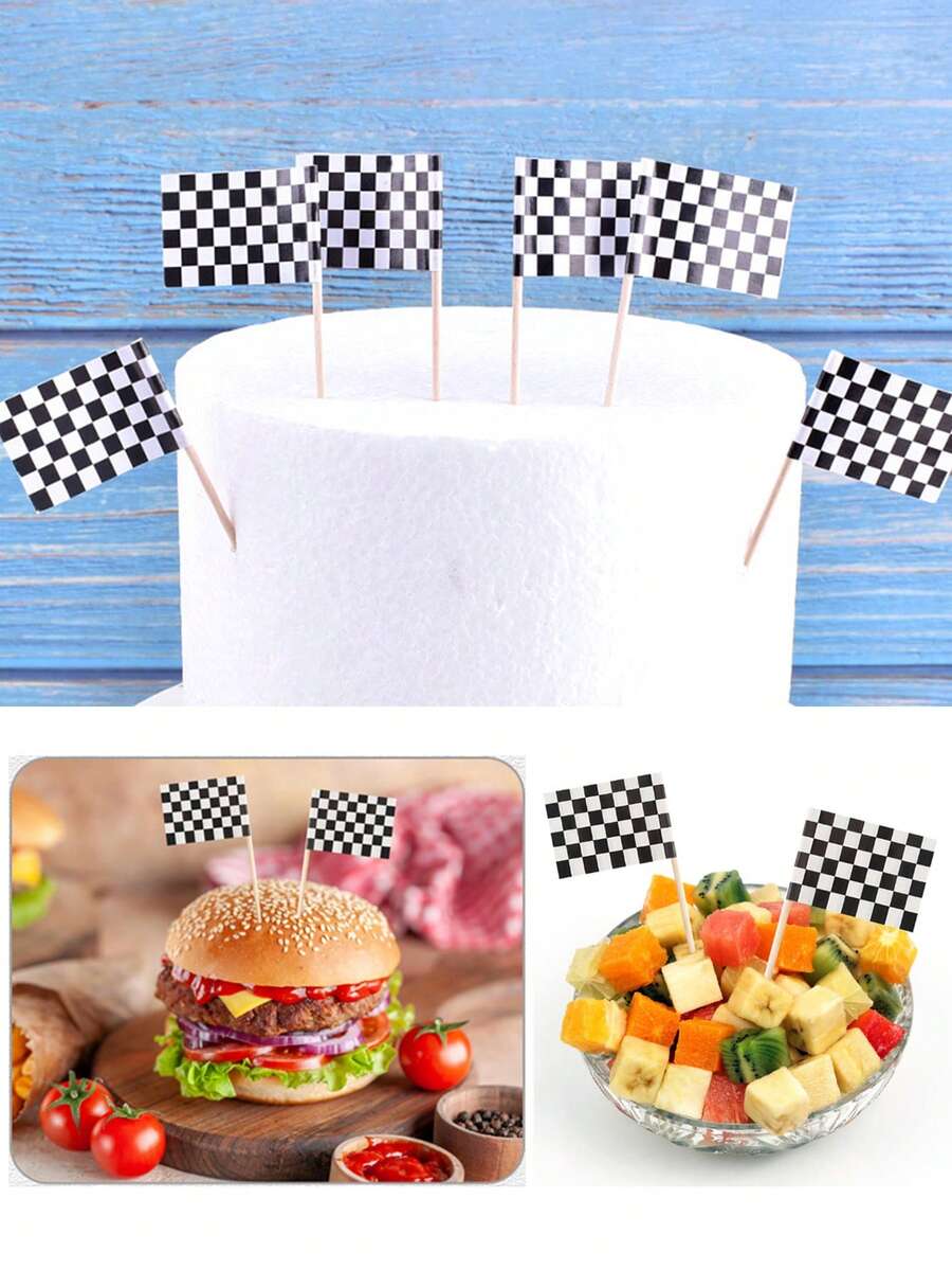 20/50pcs Black And White Checkered Flag Cake Toppers, Cake Decorating ...