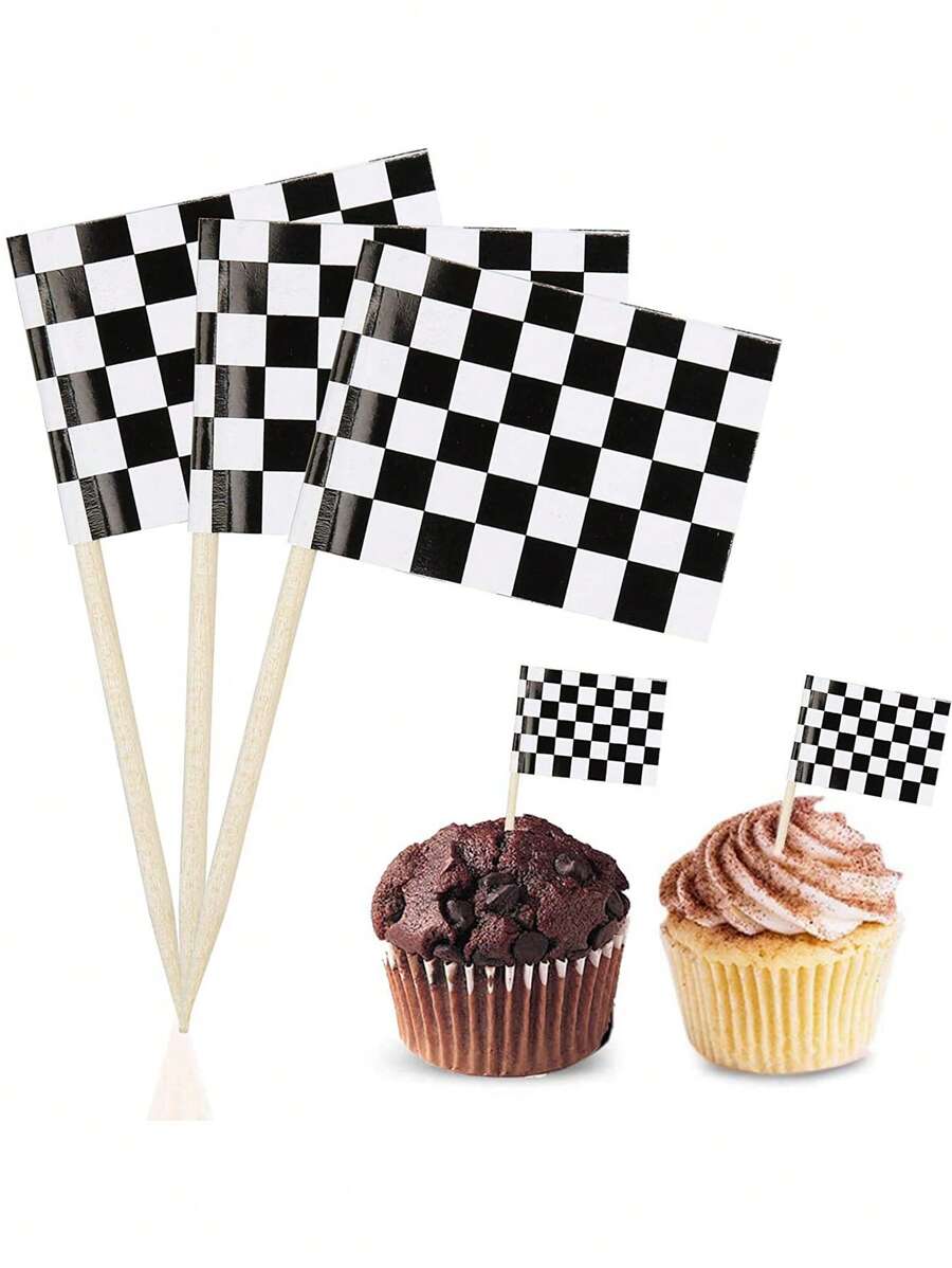 20/50pcs Black And White Checkered Flag Cake Toppers, Cake Decorating ...