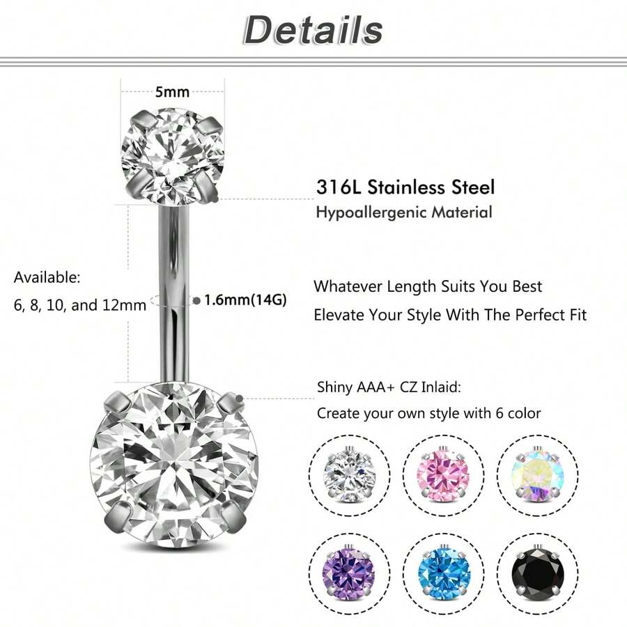 Belly Button Rings Surgical Stainless Steel Round Cubic Zirconia Navel ...