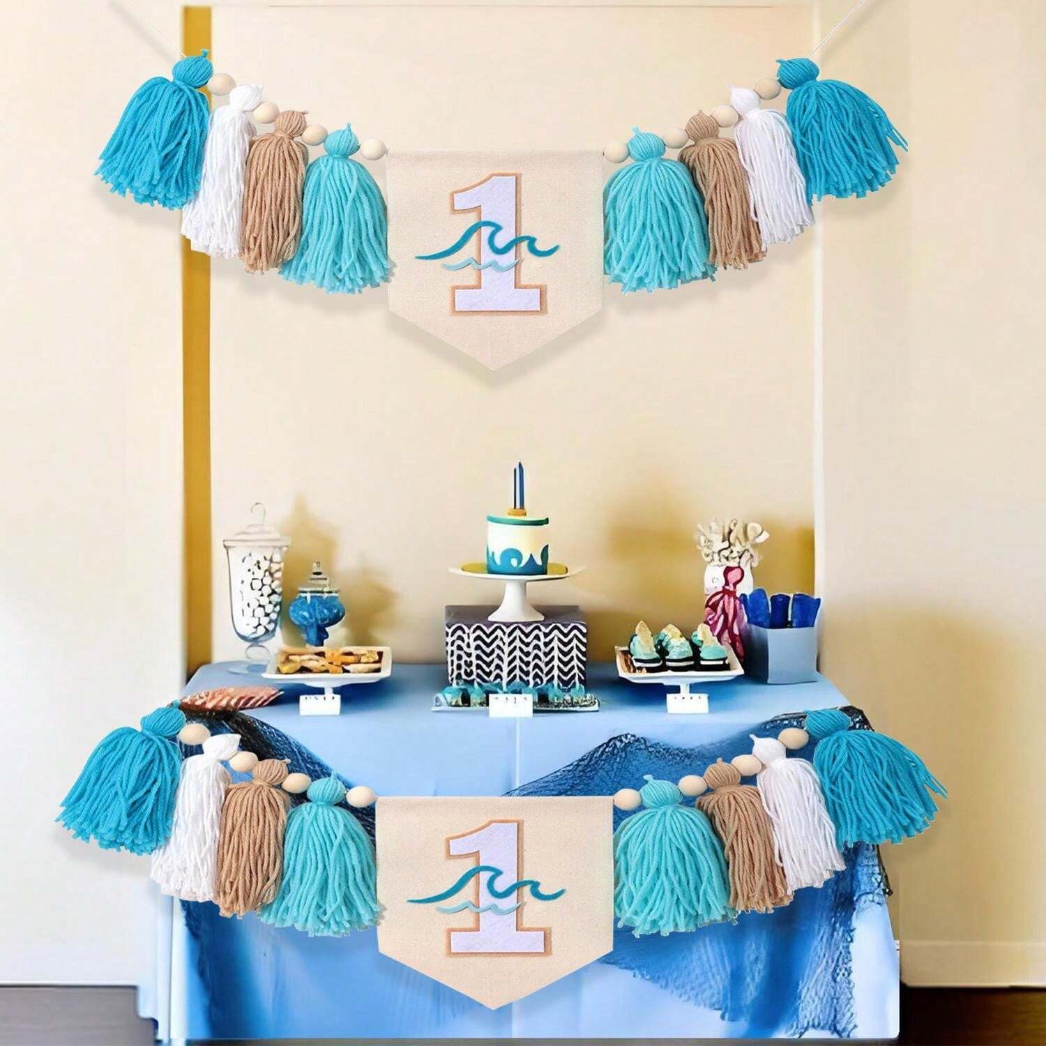 (1pc) Blue Wave First Birthday Highchair Banner - Wave Big One ...