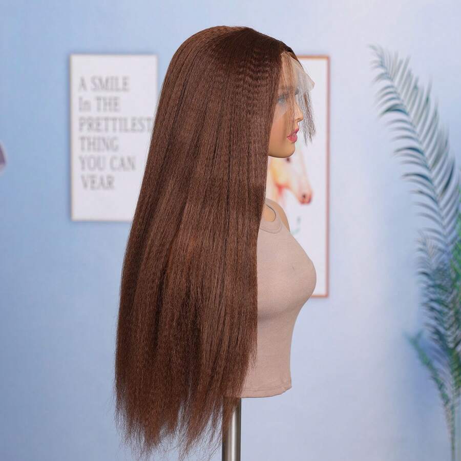 Reddish Brown Rust Color Soft Hair Long Yaki Kinky Straight 13X4X1 Lace ...