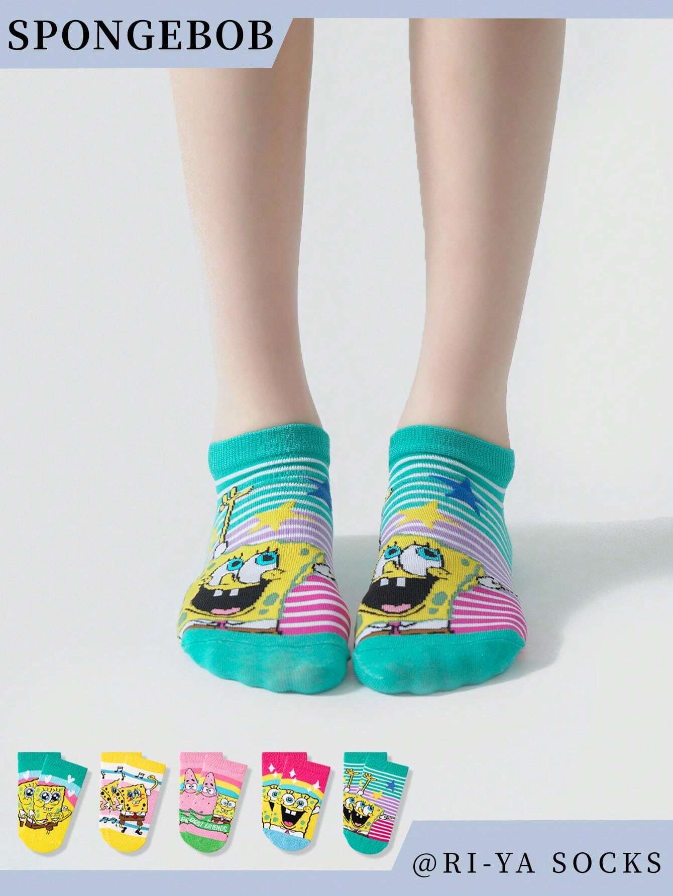 SPONGEBOB 5 คู่ ถุงเท้า Anime สี Rainbow Candy สร้างสรรค์ ลาย SpongeBob ...