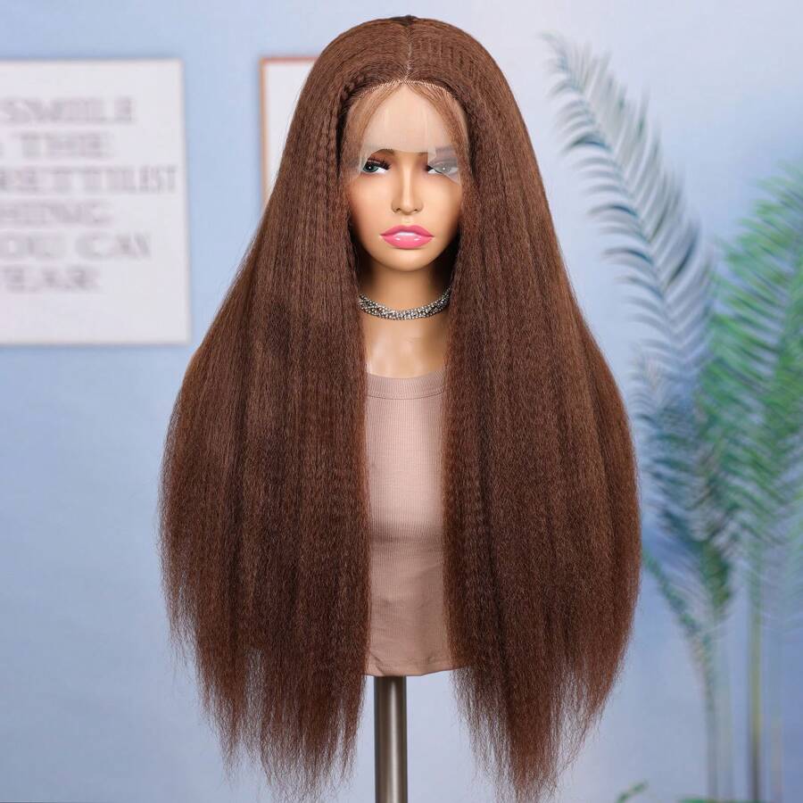 Reddish Brown Rust Color Soft Hair Long Yaki Kinky Straight 13X4X1 Lace ...