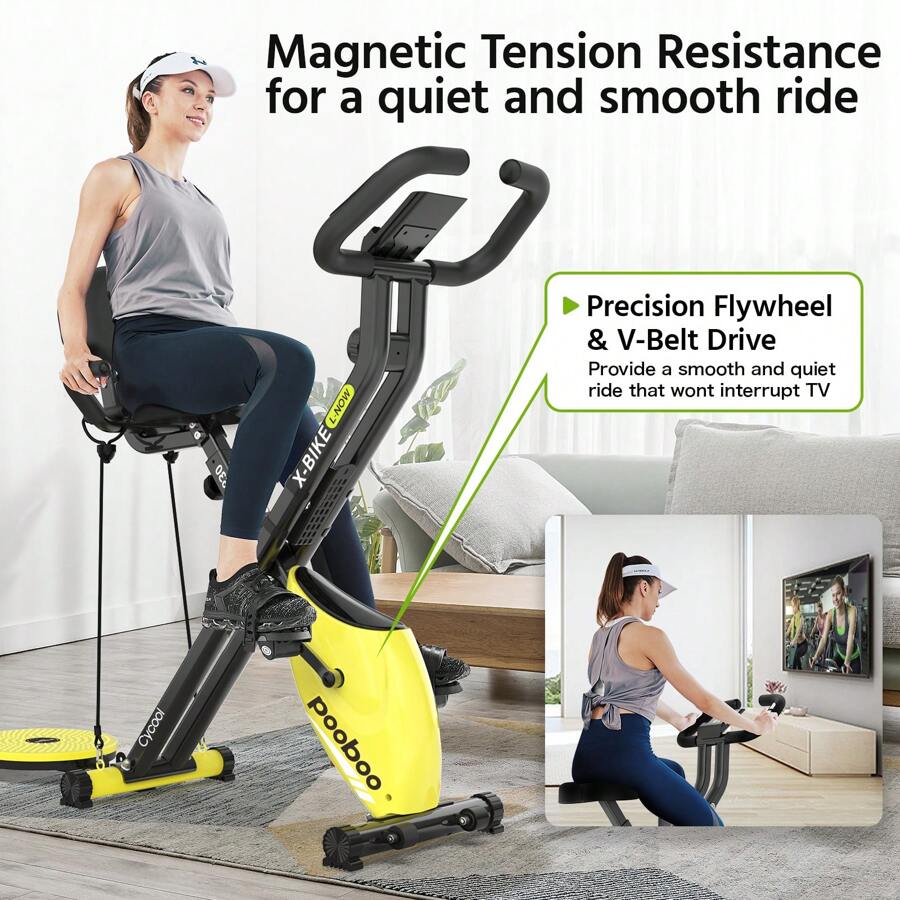 Pooboo Foldable Stationary Exercise Bike With Twister Disk And Arm Resistance Bands Comfortable ...