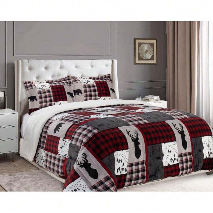 Elegant Comfort 3-Piece Patch Micro-Suede Reversible Sherpa - Comforter ...