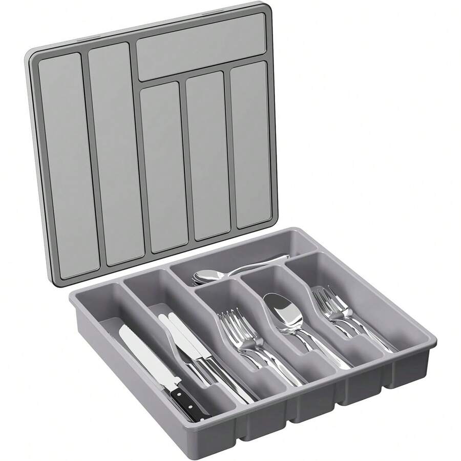 Silverware Organizer With Lid, Covered Utensil Tray For Kitchen Drawer ...