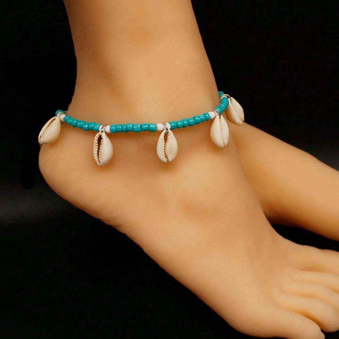 1pc Bohemian Style Beaded & Shell Anklet/Bracelet With White & Blue ...