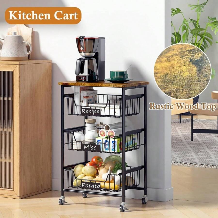 4-Tier Small Kitchen Storage Cart On Wheels, Metal Fruit Basket Stand ...