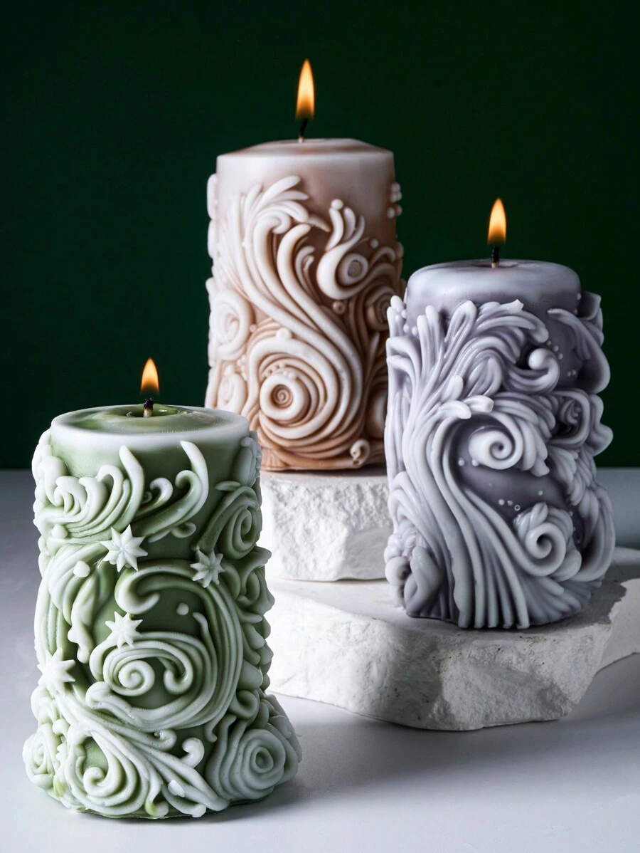 1PC DIY 3D Carved Cylindrical Aromatherapy Candle Silicone Mold Epoxy ...