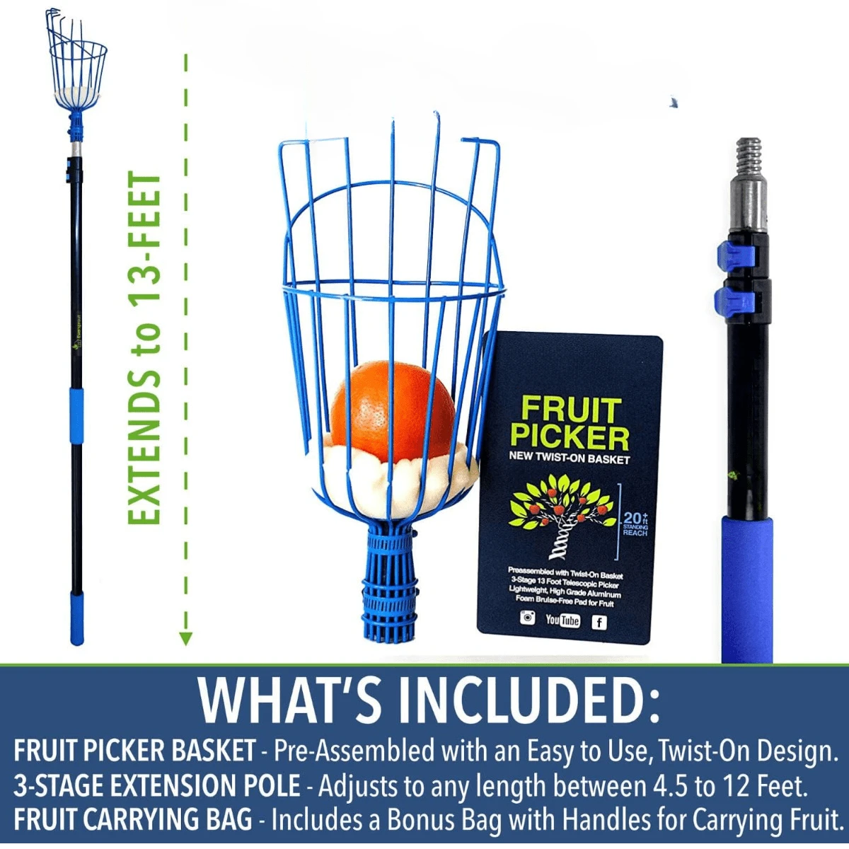 12-Foot Fruit Picker (20+ Foot Reach) | Telescoping Fruit Picker Pole ...