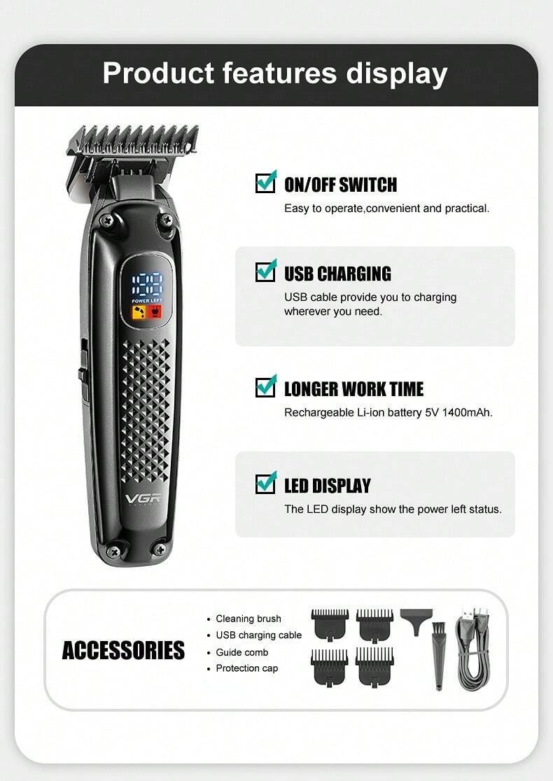VGR Hair Cut Machine Barber Clippers Cordless Professional Hair Trimmer For Men V-972-Black-With ...