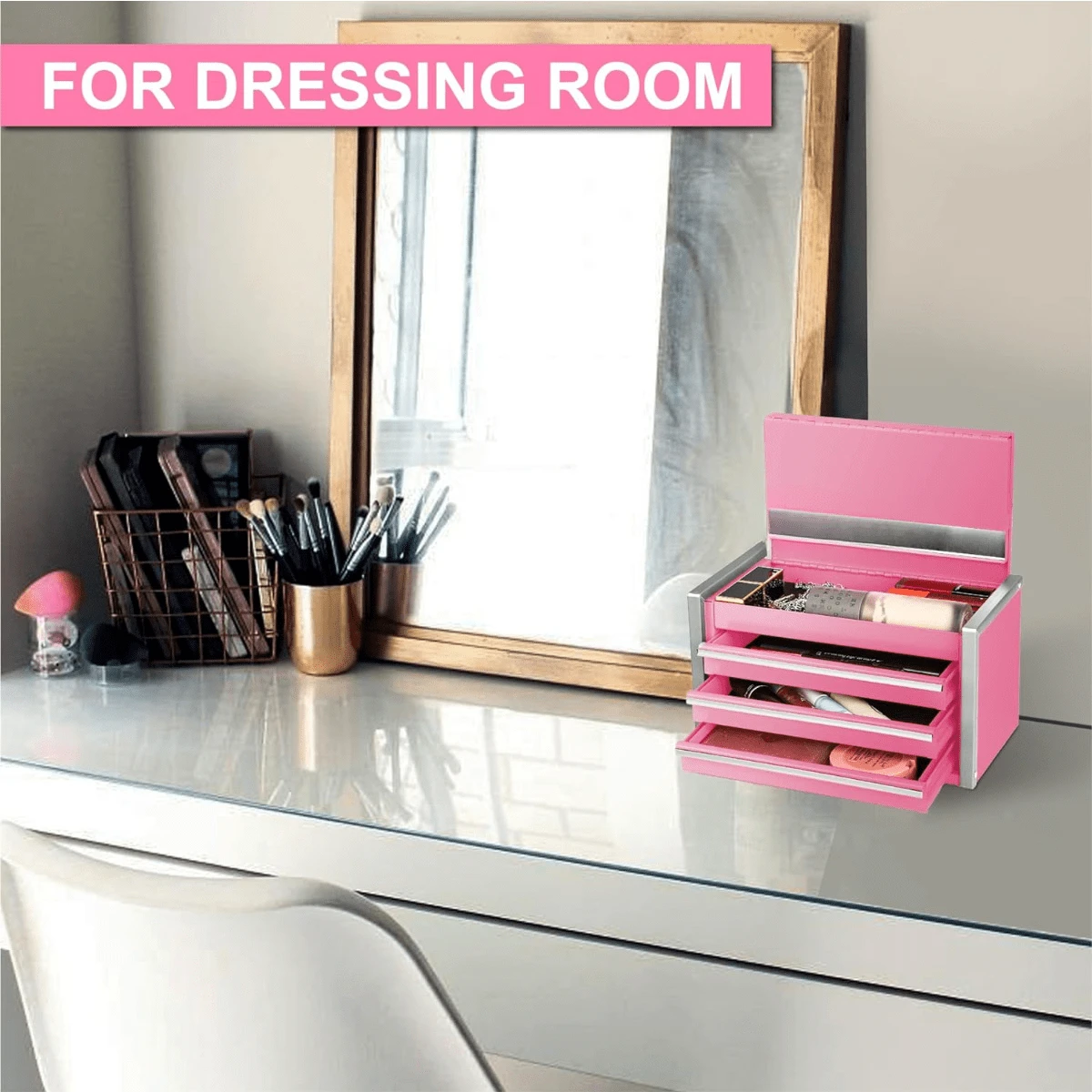 Mini Pink Tool Box, Portable 3 Drawer Steel Tool Box With Magnetic Tab ...