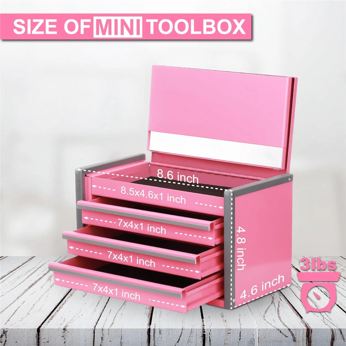 Mini Pink Tool Box, Portable 3 Drawer Steel Tool Box With Magnetic Tab ...
