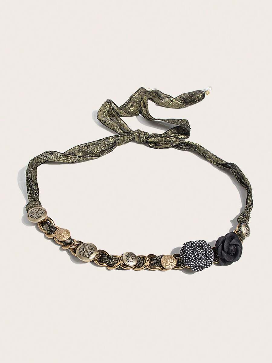 Rose Flower, Vintage Button, Gold Thread, Pearl Chain Decorated Belt ...