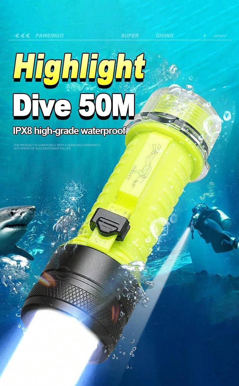 2024 Nueva linterna de buceo XHP50 ultra brillante Iluminación submarina de alta potencia IPX8 a ...