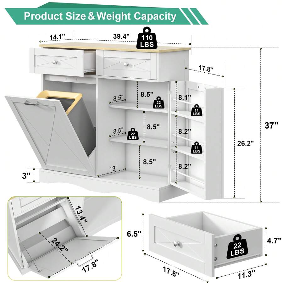YALLU Tilt Out Trash Can Cabinet 12 Gallon, Hidden Trash Cabinet With ...