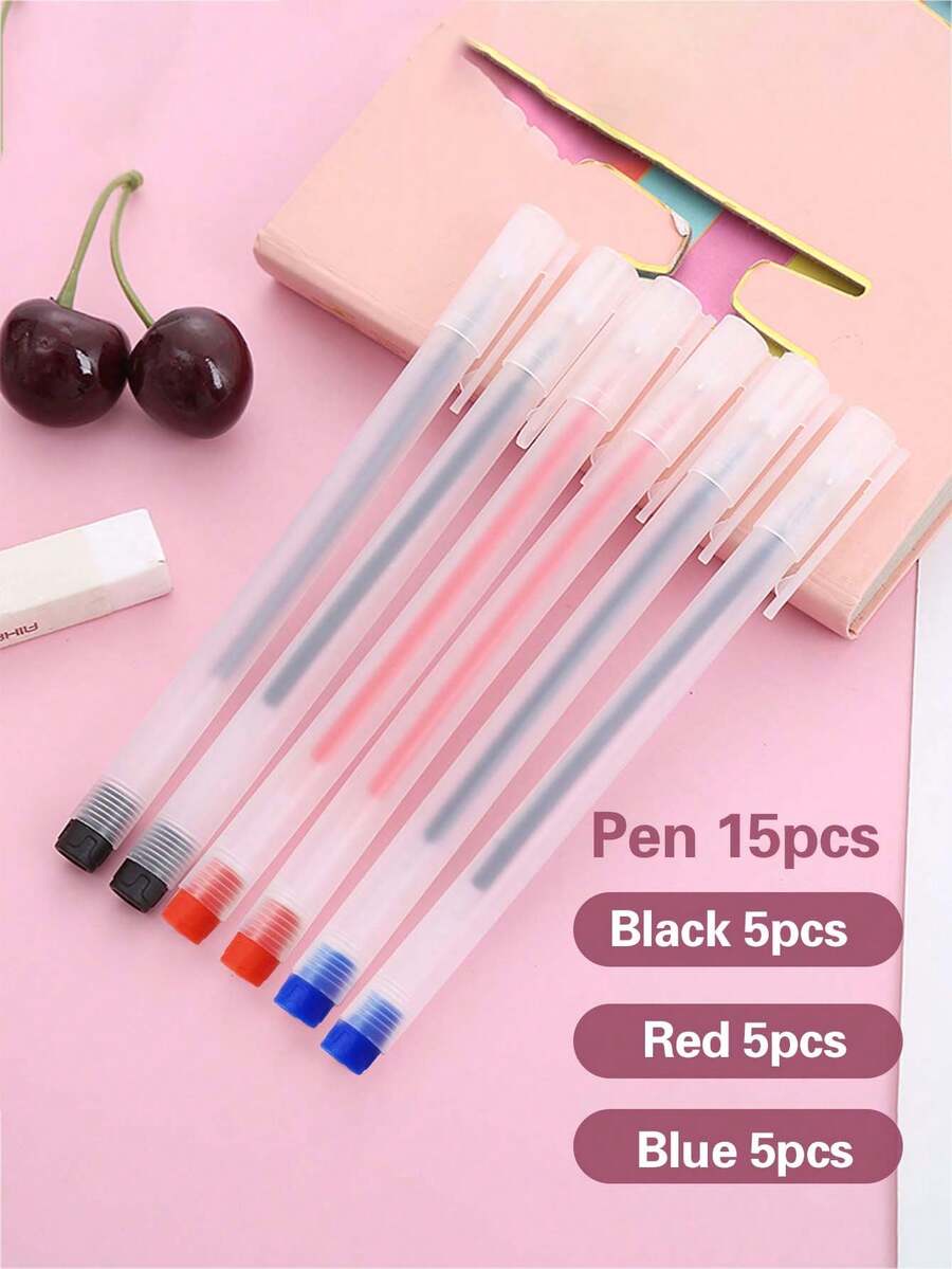 15pcs Transparent Ballpoint Pens, Black/Red/Blue, Matte Shaft, Learning ...