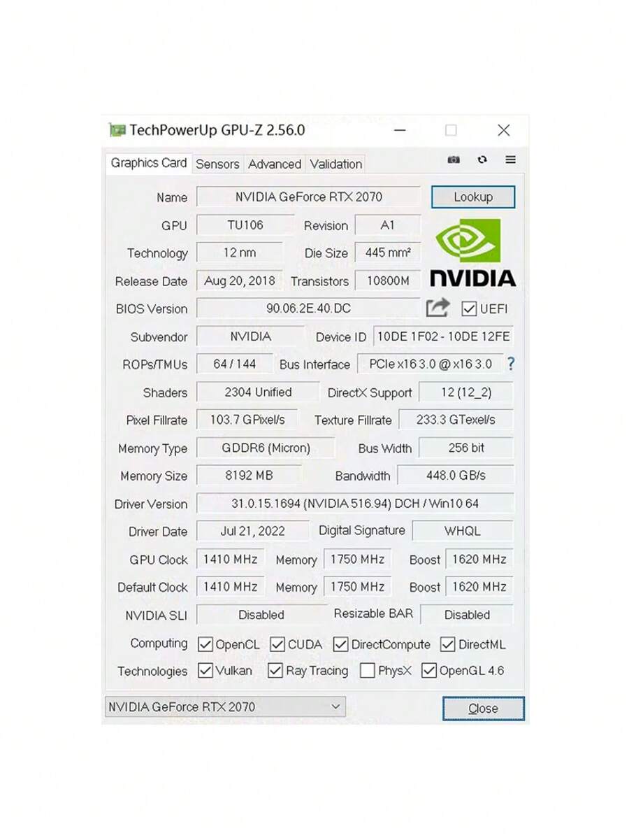 Graphics Card NVIDIA GeForce RTX 2070 8GB Gaming GPU GDDR6 256Bit PCI Express3.0*16 For Desktop ...